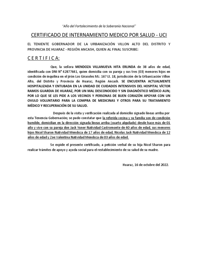 Certificado Internamiento Medico Por Salud | PDF