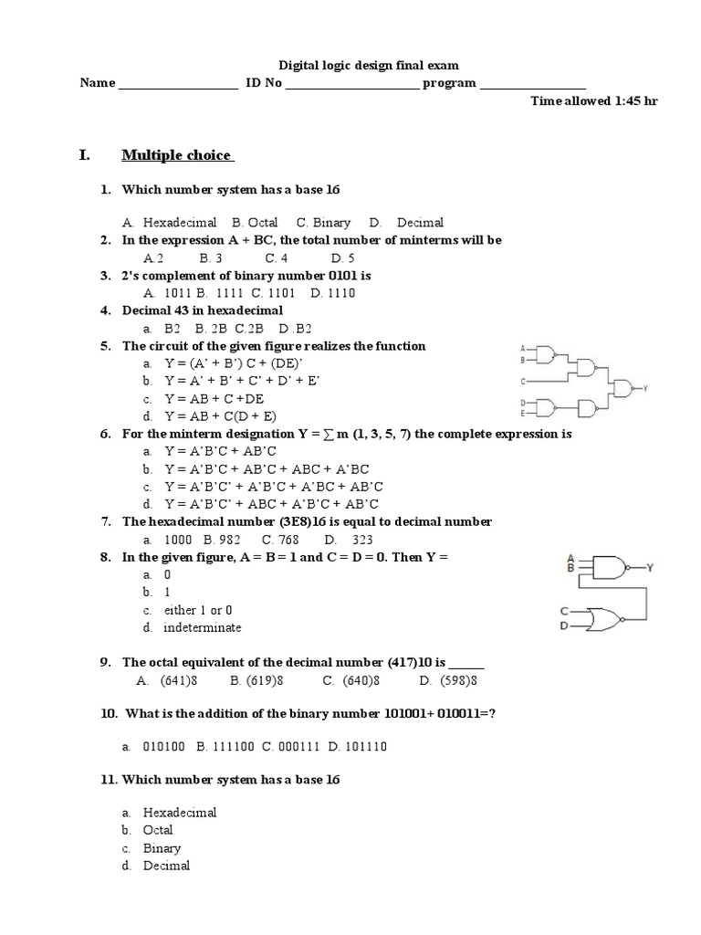 Digital Logic Final Exam | PDF | Logic | Elementary Mathematics