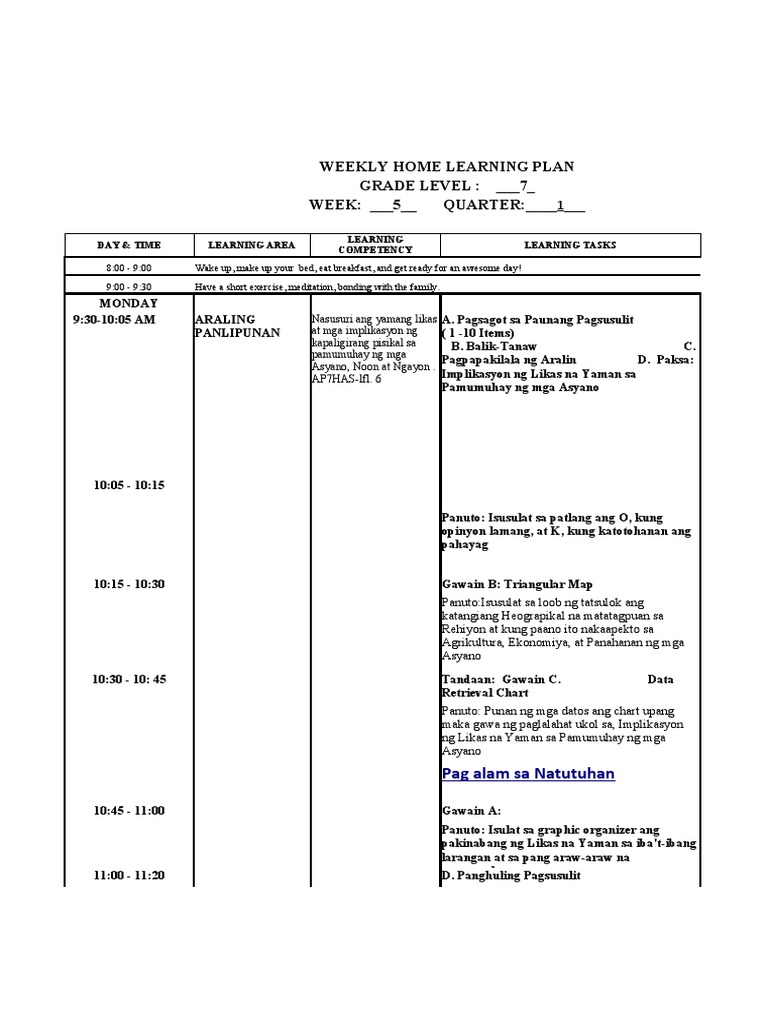 Weekly Home Learning Plan Week 5 | PDF