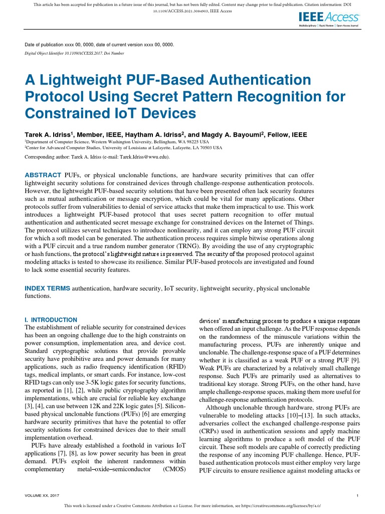 A Lightweight Puf Based Authentication Protocol Using Secret Pattern Recognition For 1831