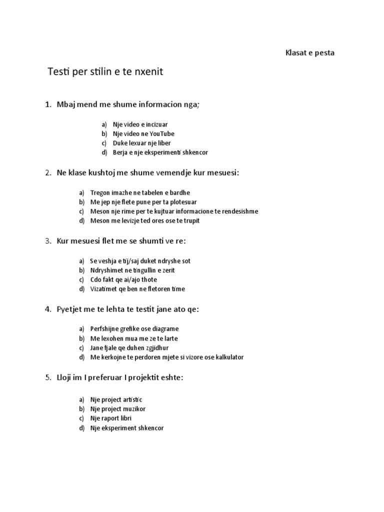 Klasat e Pesta Pyetesor | PDF