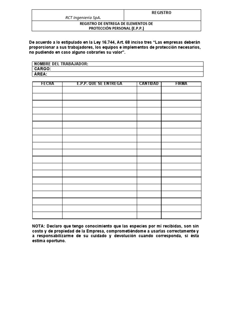 RCT - Registro de Entrega de Epp | PDF