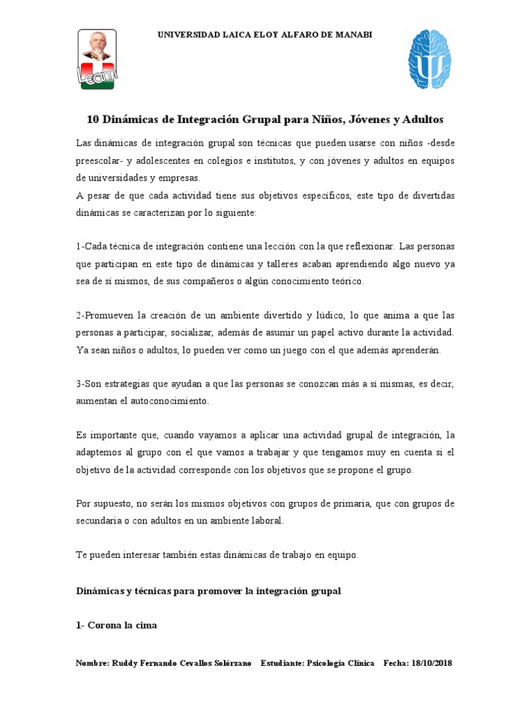 10 Dinámicas de Integración Grupal para Niños | PDF | Sicología
