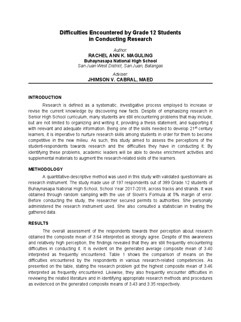Difficulties Encountered by Grade 12 Students in Conducting Research ...