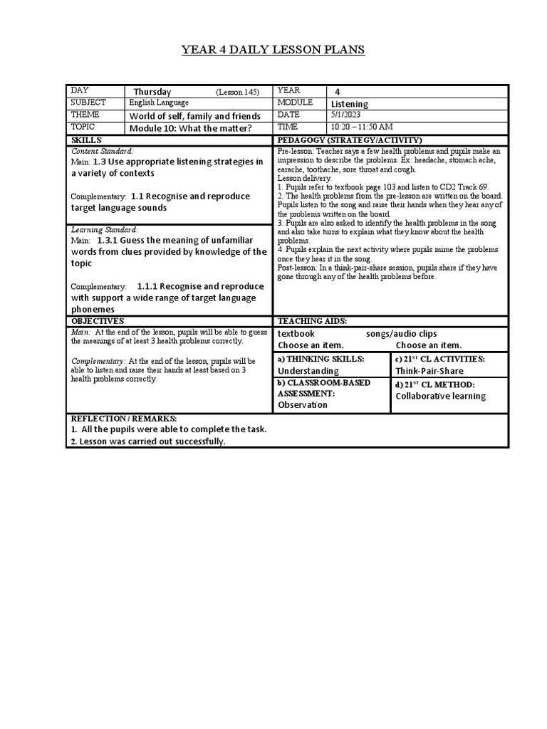 Year 4 Daily Lesson Plans: Skills Pedagogy (Strategy/Activity) | PDF ...
