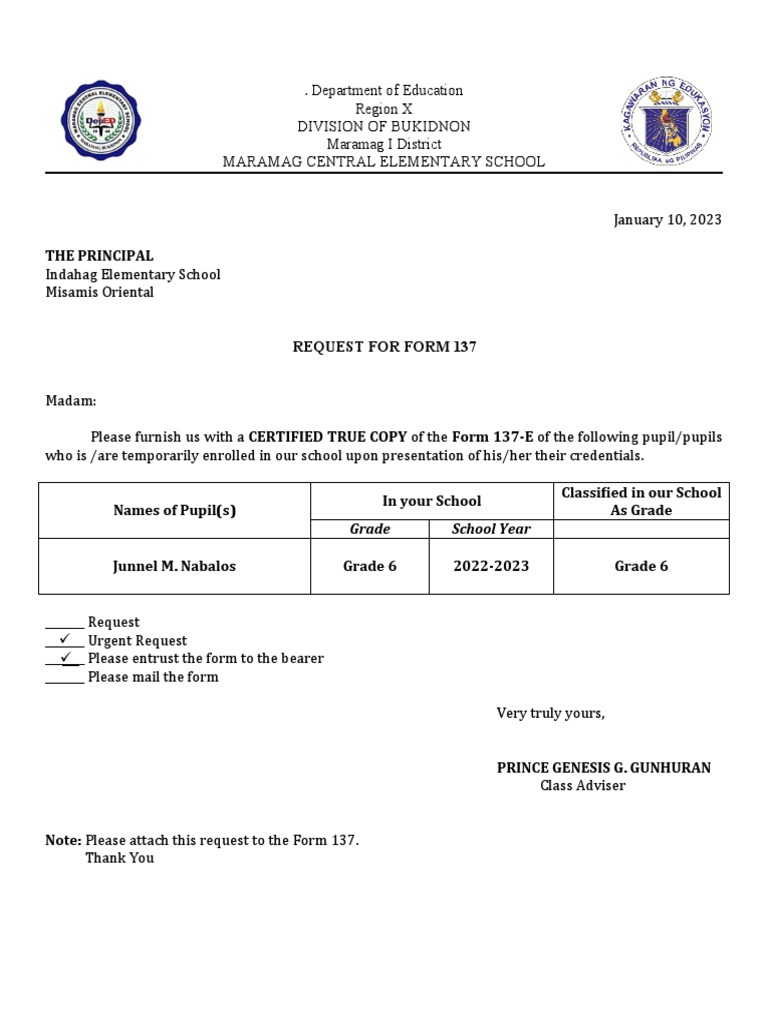 Request For Form 137 e | PDF