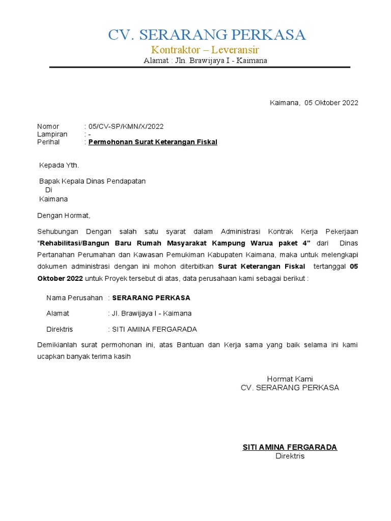 Permohonan Fiskal - CV. Sinar Simora | PDF