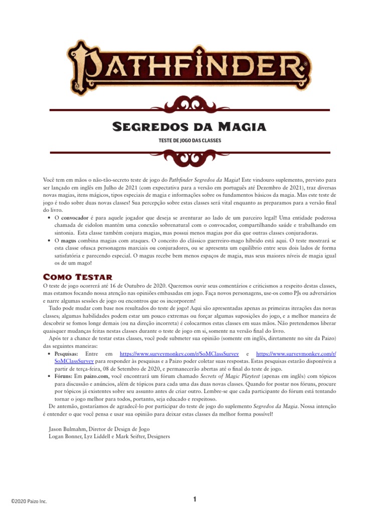 Segredos Da Magia - Pathfinder 2e Playtest | PDF | Percepção | Vida