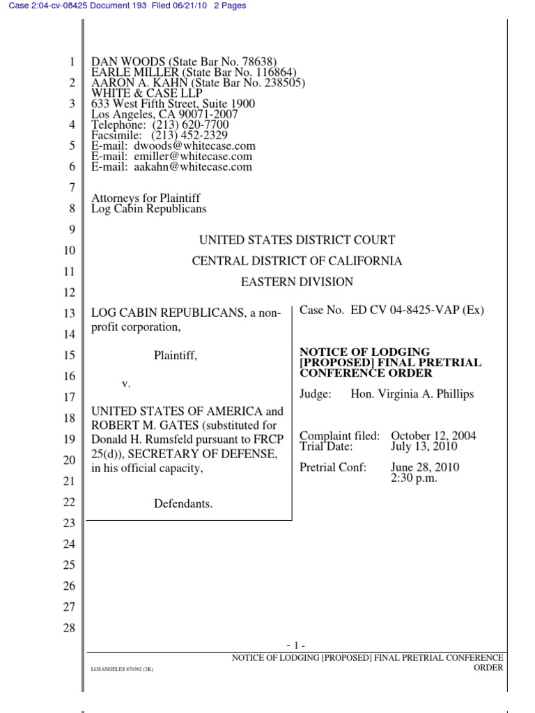 Notice of Lodging (Proposed) Final Pretrial Conference Order | Download ...