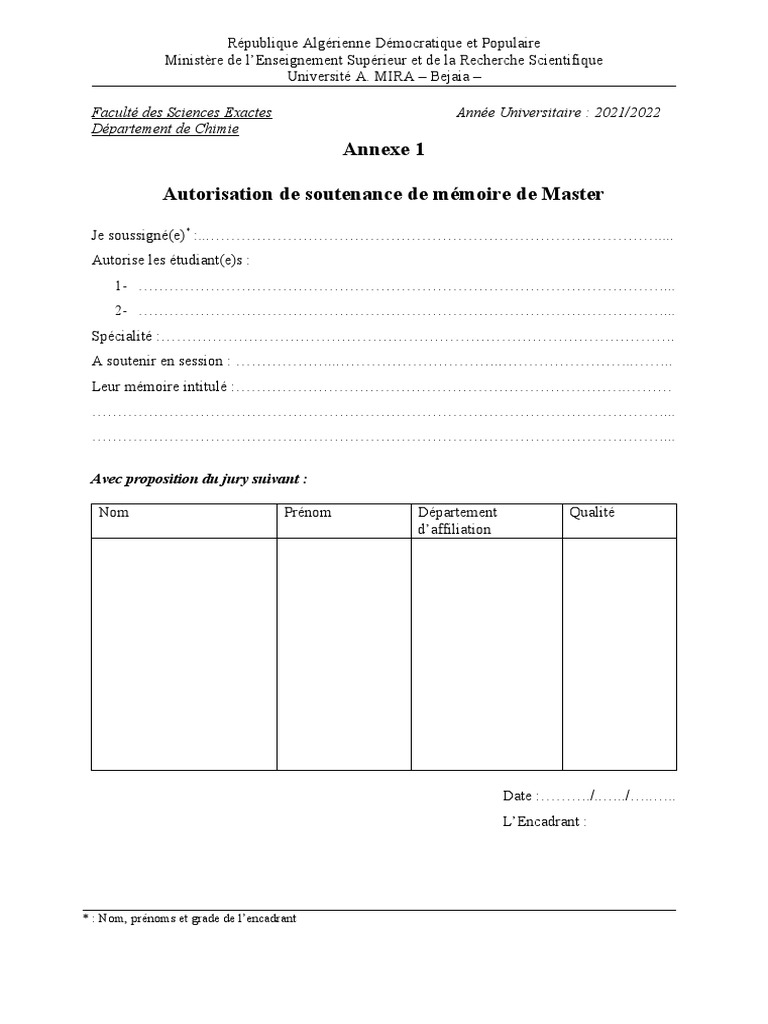 Annexe 1 Autorisation de Soutenance | PDF