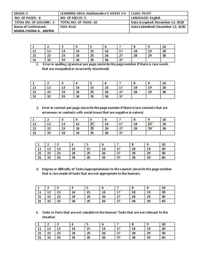 WALKTHROUGH VALIDATOR CONFORMANT SHEET 1 2 Mathematics 5 Week 3 4 | PDF ...