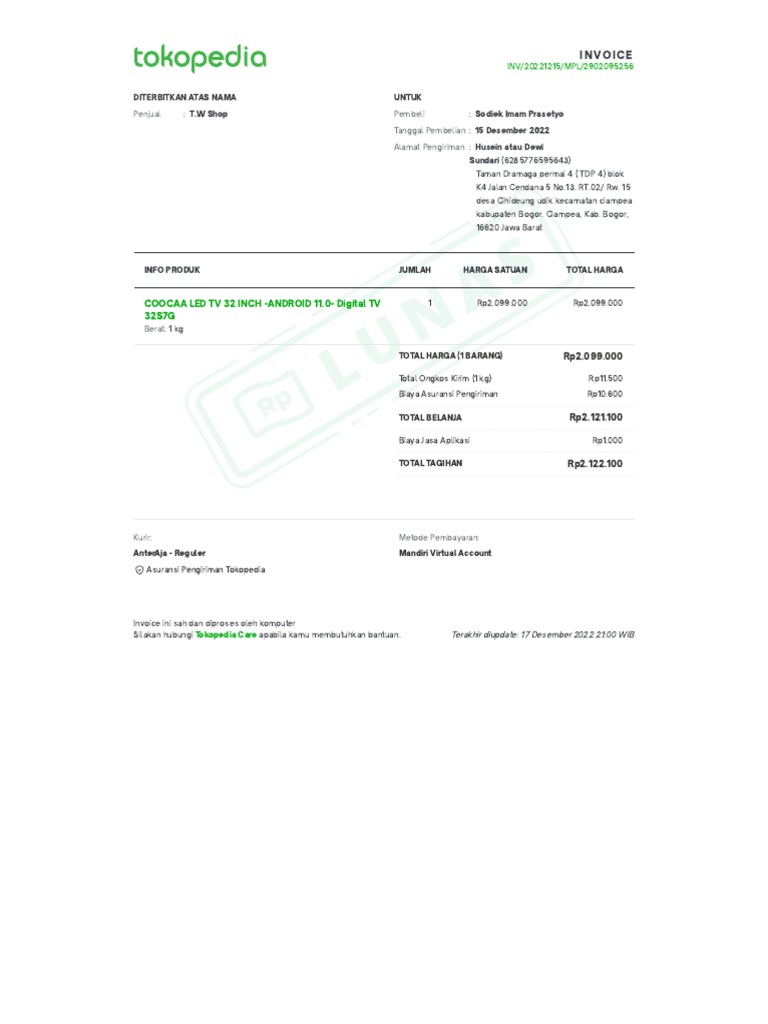 Invoice - Tokopedia TV 1 | PDF