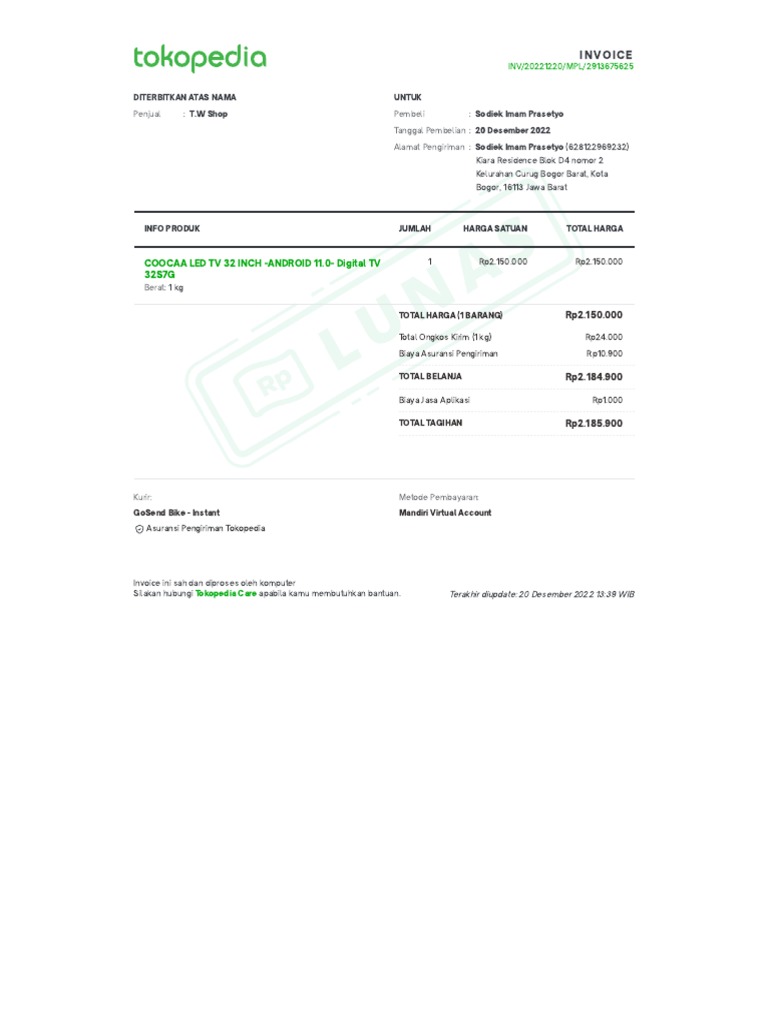 Invoice - Tokopedia TV 2 | PDF