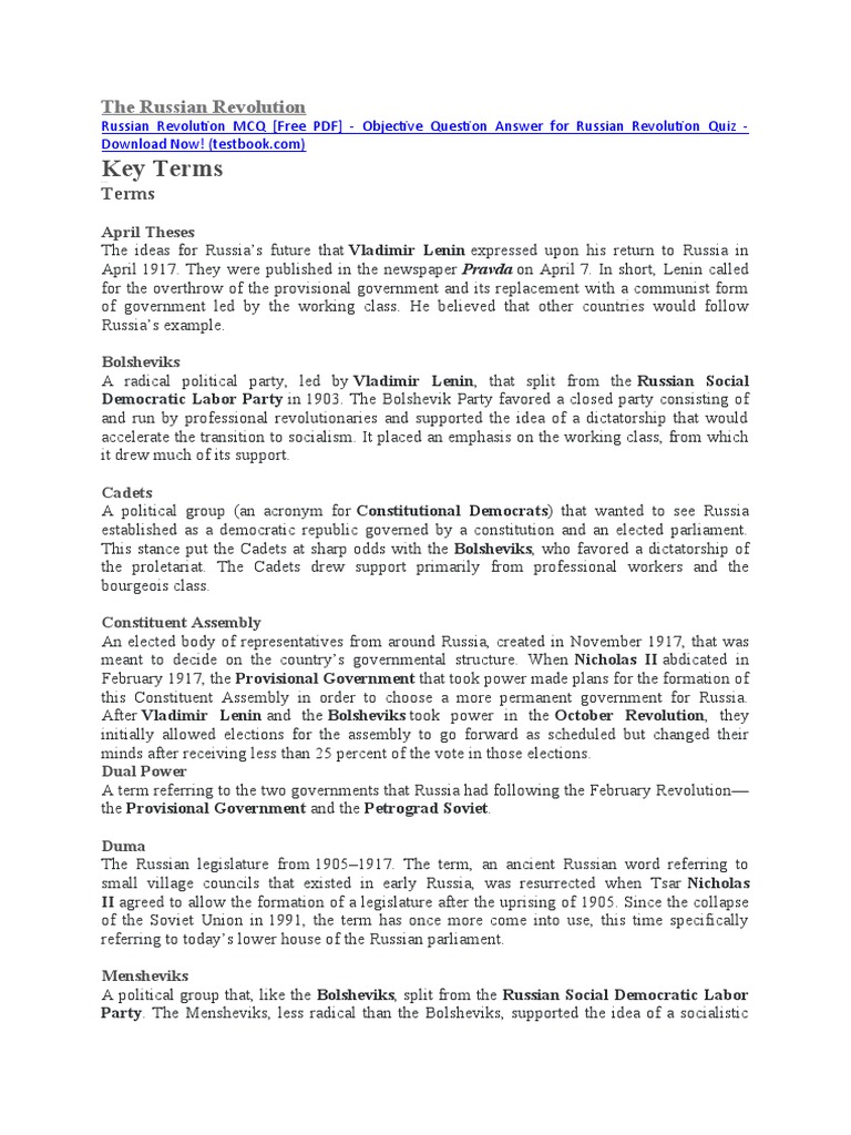 Key Terms of the Russian Revolution | PDF | Vladimir Lenin | Bolsheviks