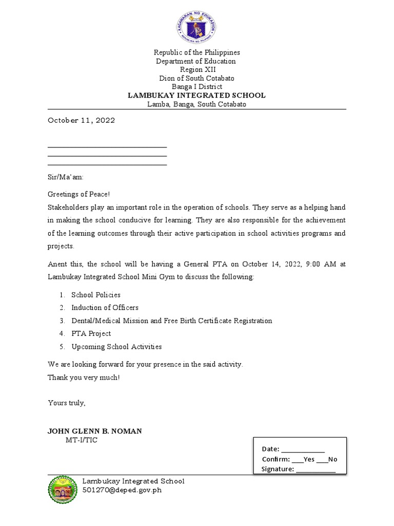 Letter For PTA Meeting | PDF