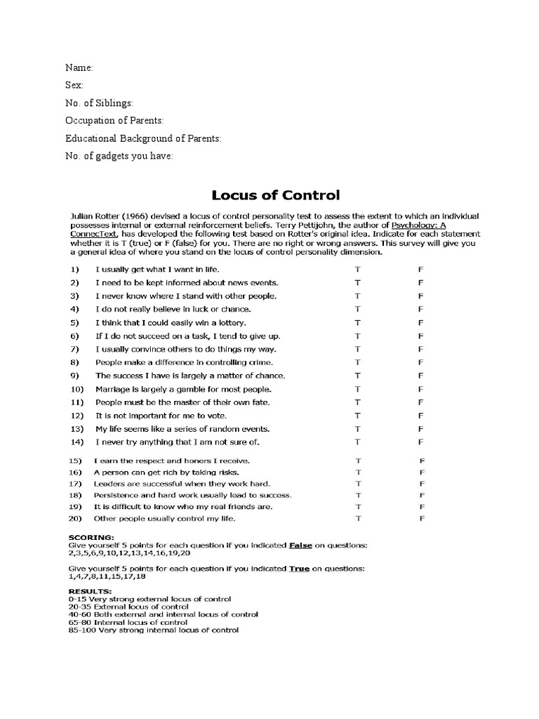 Locus of Control Survey | PDF