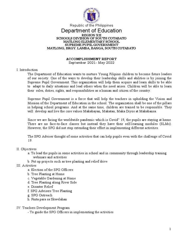 SPG Accomplishment Report Highlights Activities | PDF