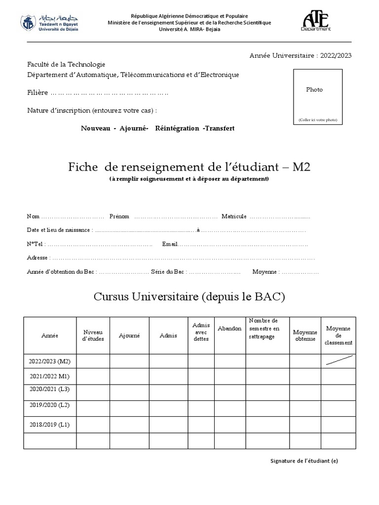 Fiche de Renseignement Étudiant M2 | PDF | Organismes éducatifs | France