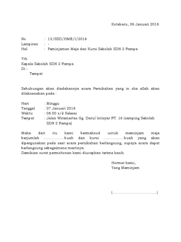 Surat Peminjaman Meja Dan Kursi Sekolah | PDF