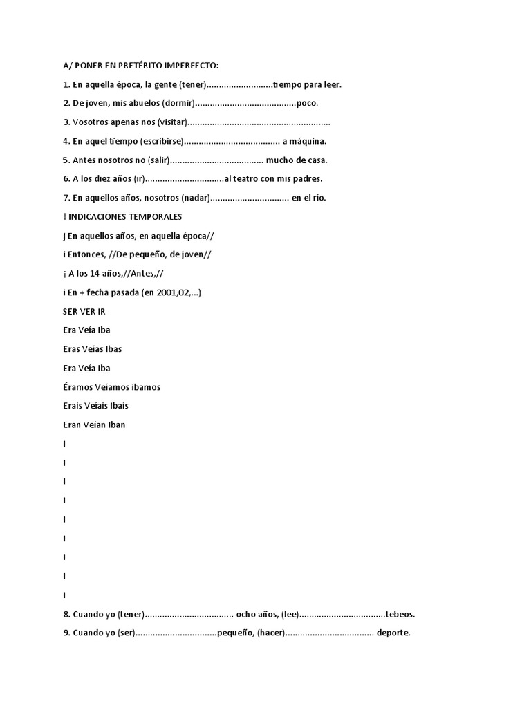 Ejercicios de Pretérito Imperfecto | PDF