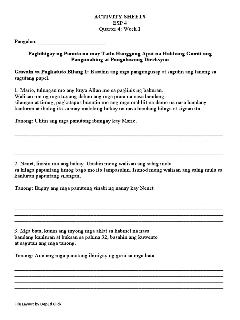 FILIPINO 4 Activity Sheet Q4 W1 | PDF