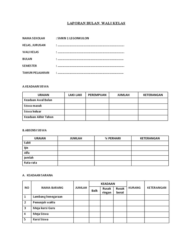 Laporan Bulan Wali Kelas | PDF