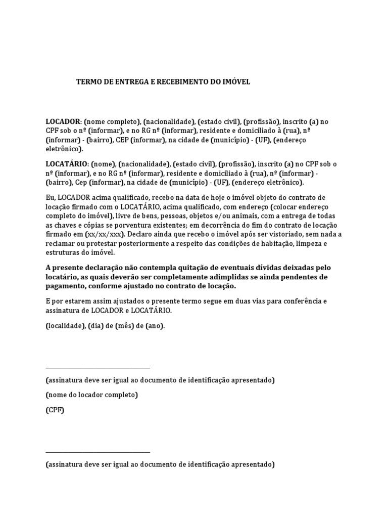 Modelo Termo de Entrega e Recebimento de Imovel Locado Sem Pendencias ...