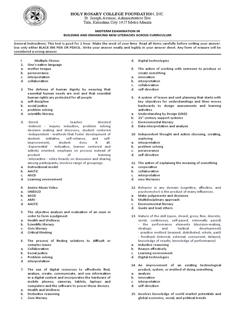 MIDTERM EXAM FOR LITERACY ACROSS CURRICULUM | PDF | Learning | Literacy