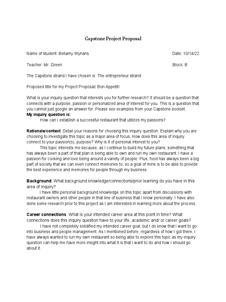 Capstone Project Proposal Good | PDF | Mentorship | Inquiry