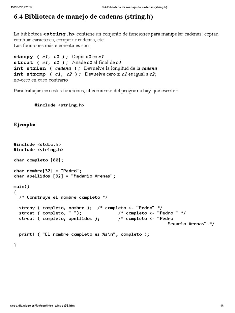 6.4 Biblioteca de Manejo de Cadenas (String.h) | PDF | Métodos y materiales de enseñanza