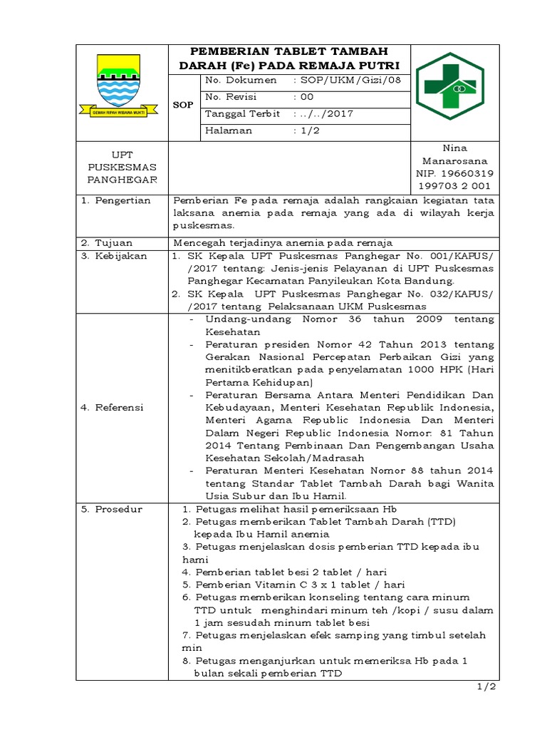 Sop Pemberian Tablet Fe Pada Remaja | PDF