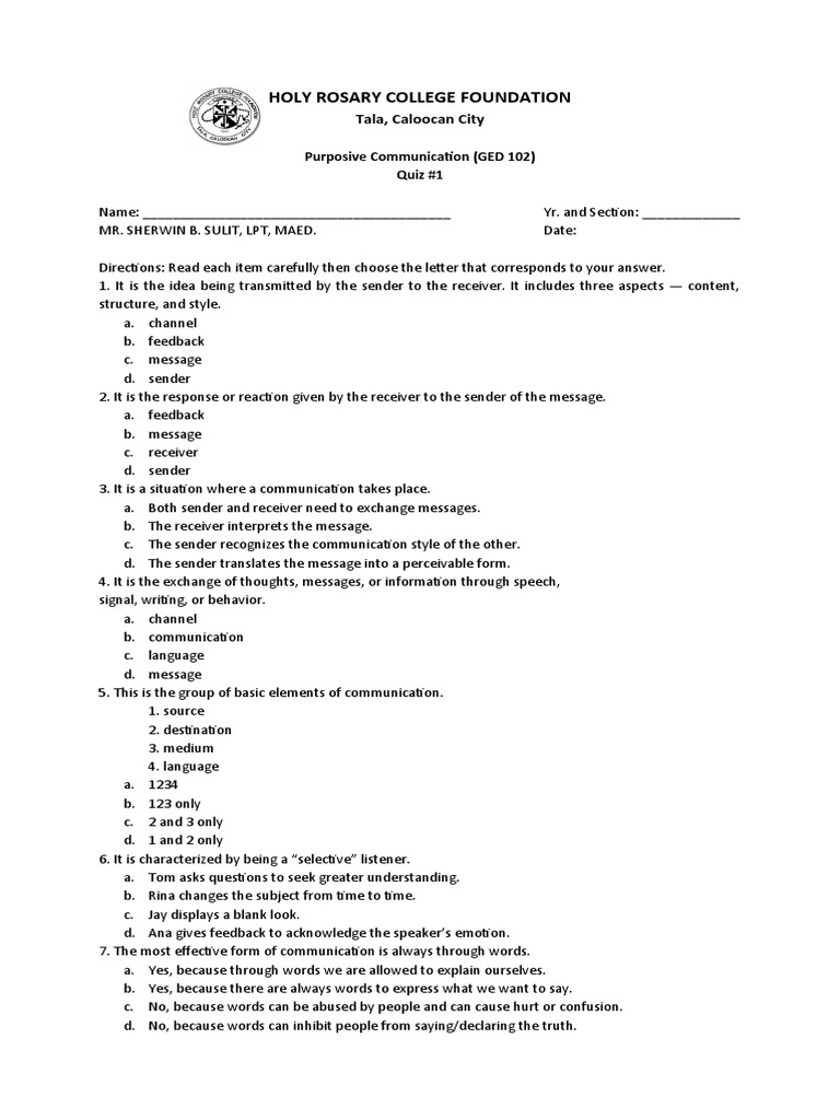 Purposive Communication Quiz #1 | PDF | Communication | Psychological ...