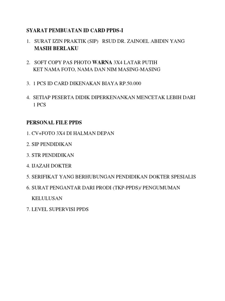 Syarat Pembuatan Id Card Dan Personal File Ppds | PDF