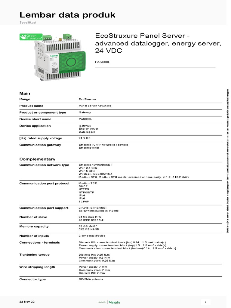 Product Specification Sheet for the EcoStruxure Panel Server - Advanced Datalogger, Energy ...