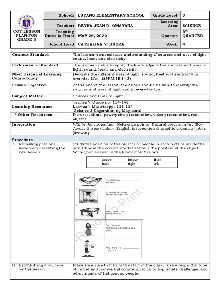 COT LESSON PLAN Science 3 Q3 | PDF | Learning | Curriculum