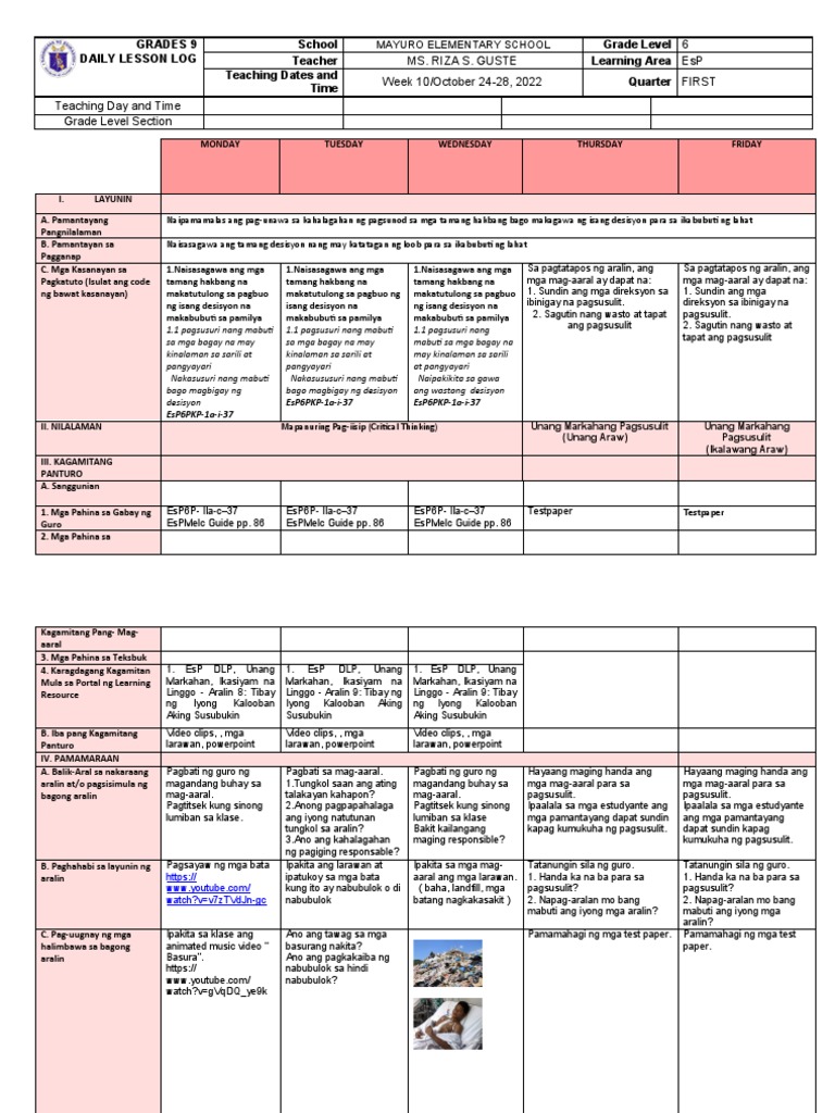 DLL - EsP 6 - Q1 - W10 | PDF