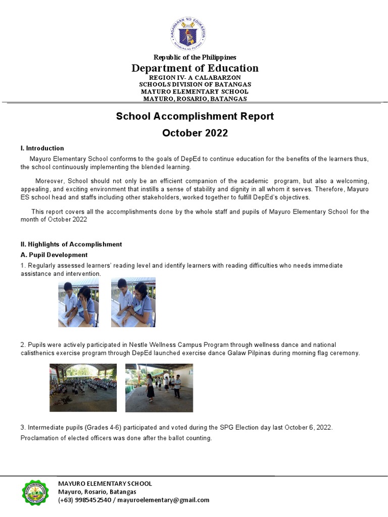 Mayuro Es October 2022 School Accomplishment Report | PDF | Teachers | Learning