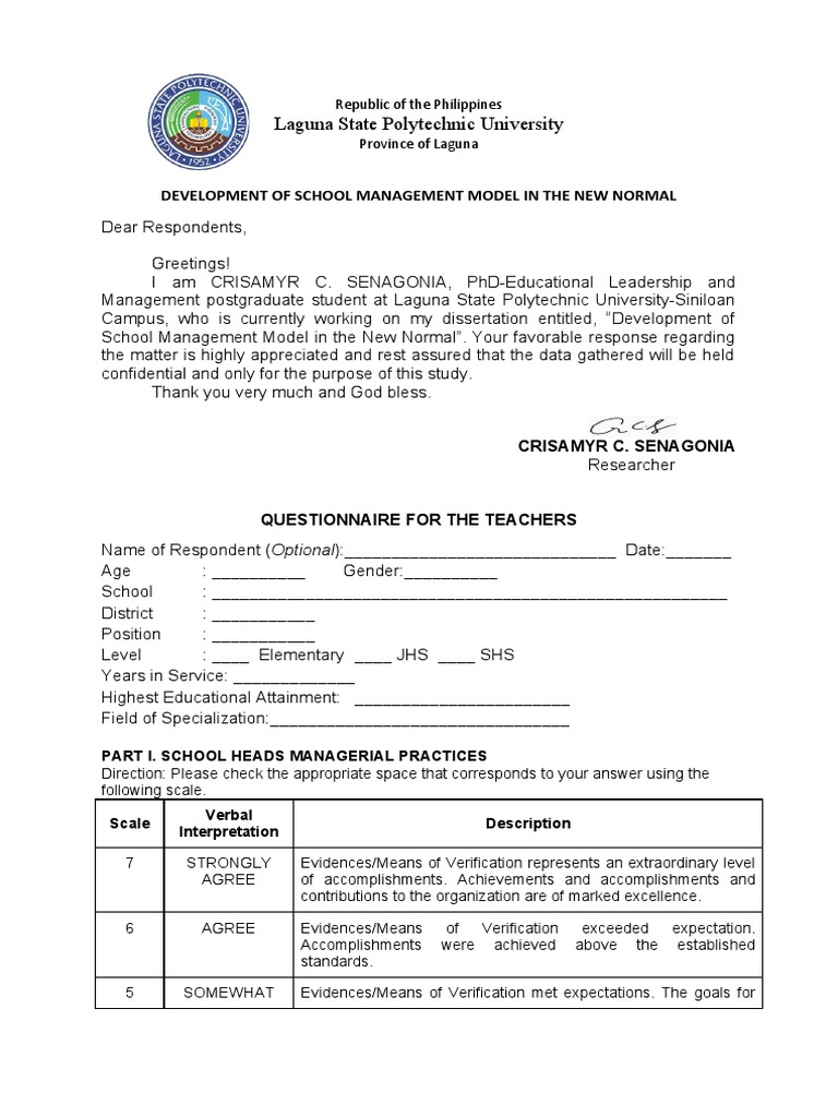 Teacher Questionnaire for Management Model | PDF | Teaching Method ...