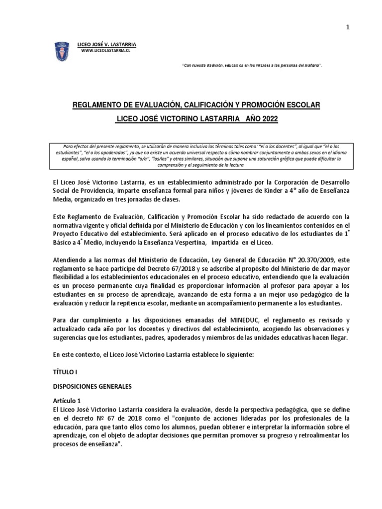 Reglamento Evaluacion 2022 | PDF | Evaluación | Aprendizaje