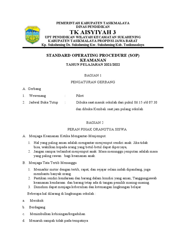 SOP Keamanan TK Aisyiyah 3 | PDF