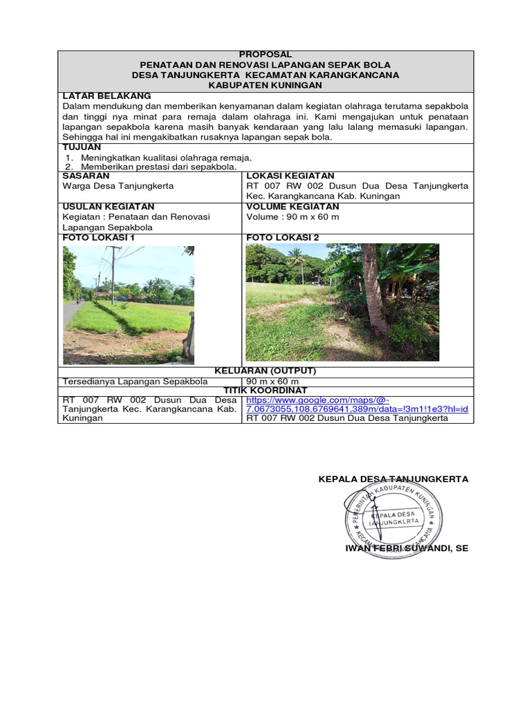 Rencana Renovasi Lapangan Sepak Bola Desa Tanjungkerta | PDF