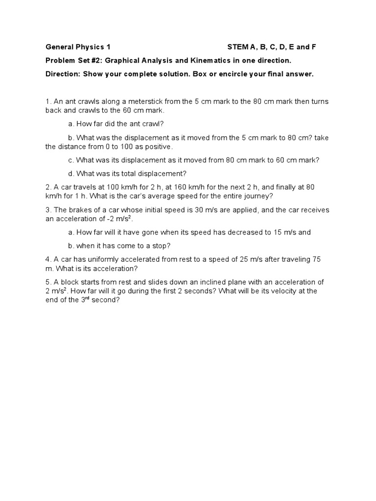Problem Set. Kinematics One Dimension | PDF | Speed | Acceleration