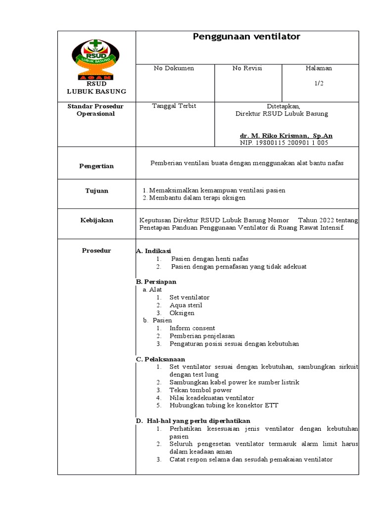 Sop-Pemasangan Ventilator | PDF