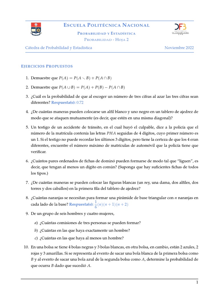 Hoja de Ejercicios 2 - 2022B | PDF | Probabilidad
