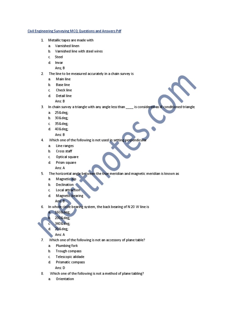 Civil Engineering Surveying Quiz Questions | PDF