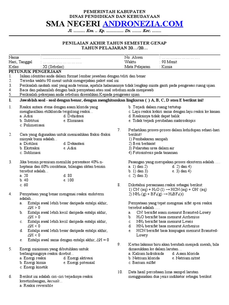 Soal PAT Kimia Kelas 11 - 1 | PDF