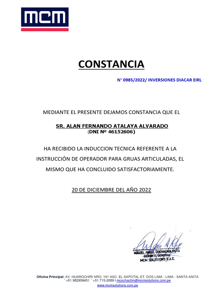 Constancia 0985 SR Alan Fernando Atalaya Alvarado Operador Inversiones ...