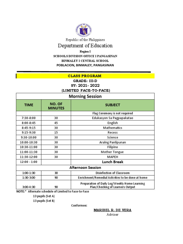 Sample Grade 3 Class Program 2021 2022 PDF Cognitive Science
