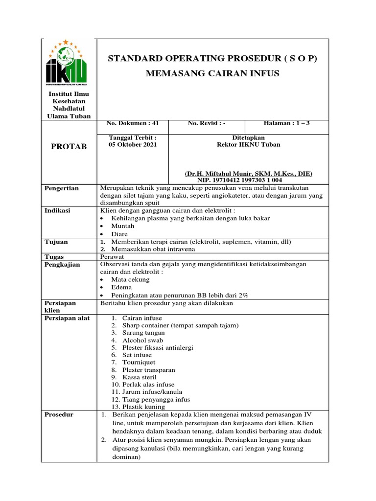 SOP Memasang Cairan Infus 2022 | PDF | Kesehatan Holistik | Sains & Matematika