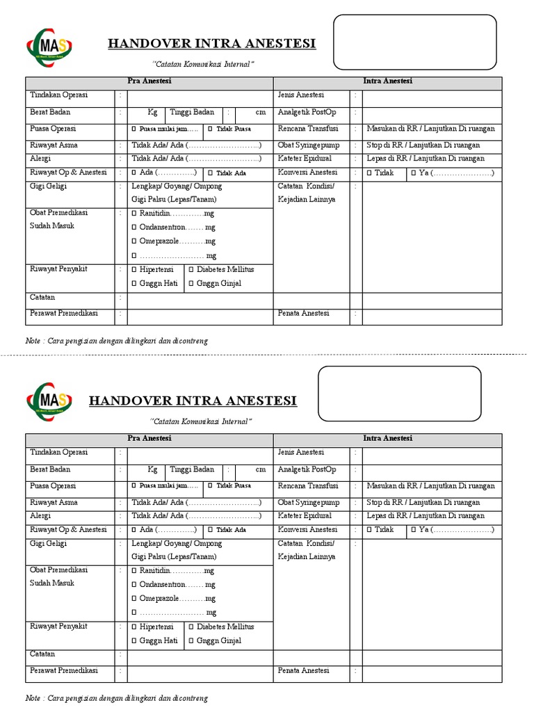 HANDOVER INTRA ANESTESI RS MAS Banjarmasin | PDF